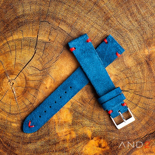 Wolly Ocean Blue Suede Leather Strap 20mm (Red V-Stitching) | Product ...