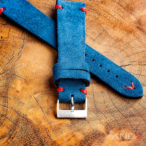 Wolly Ocean Blue Suede Leather Strap 20mm (Red V-Stitching) | Product ...